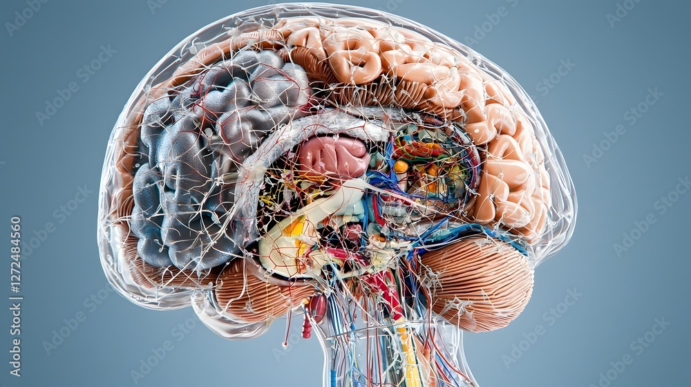 Detailed cross section of the human brain highlighting the various ...