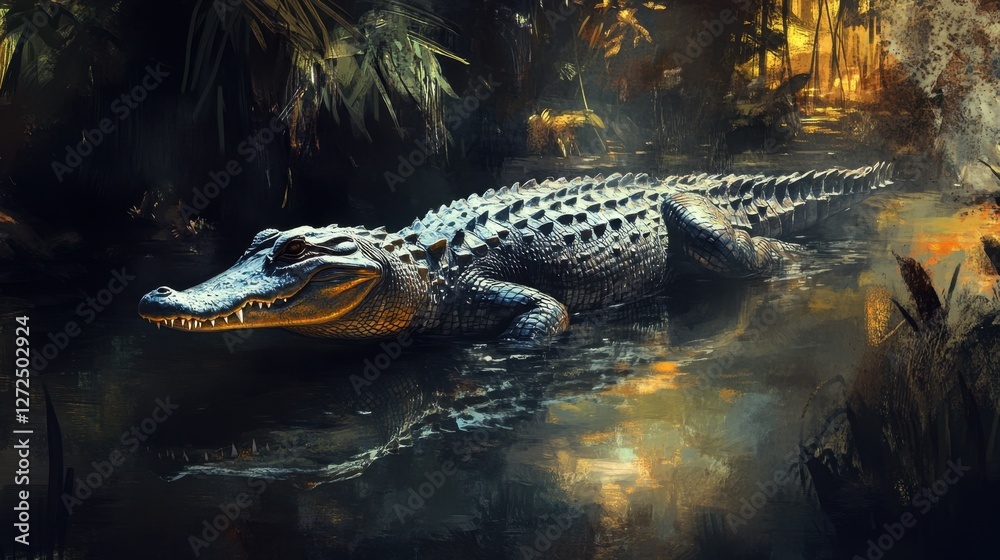 depiction highlights ancient charm of an alligator in its natural ...