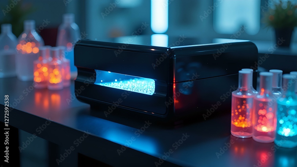 Futuristic laboratory equipment, flow cytometry machine, glowing blue ...