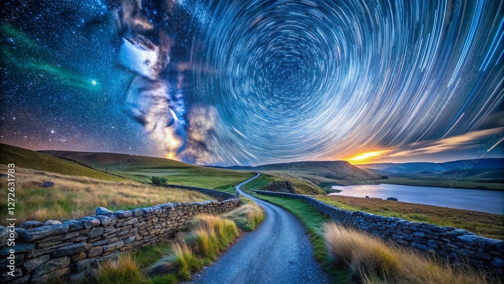 Starry Night Sky over Malham Tarn Road, Yorkshire Dales National Park ...