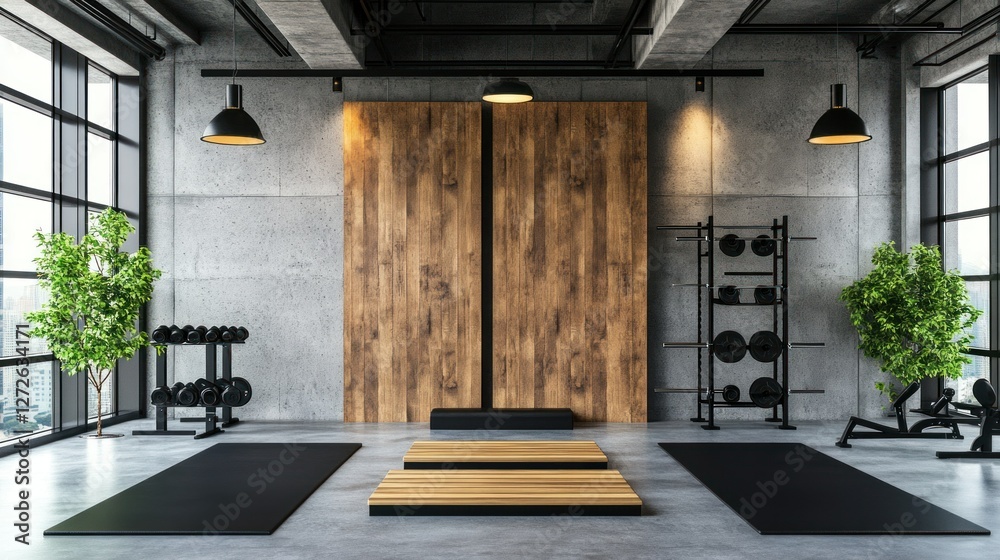 Loft-style gym interior with a concrete wall, wooden weightlifting ...