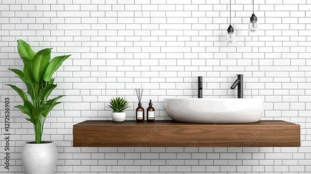 Modern minimalist bathroom with a walk-in shower, white tiles, a ...