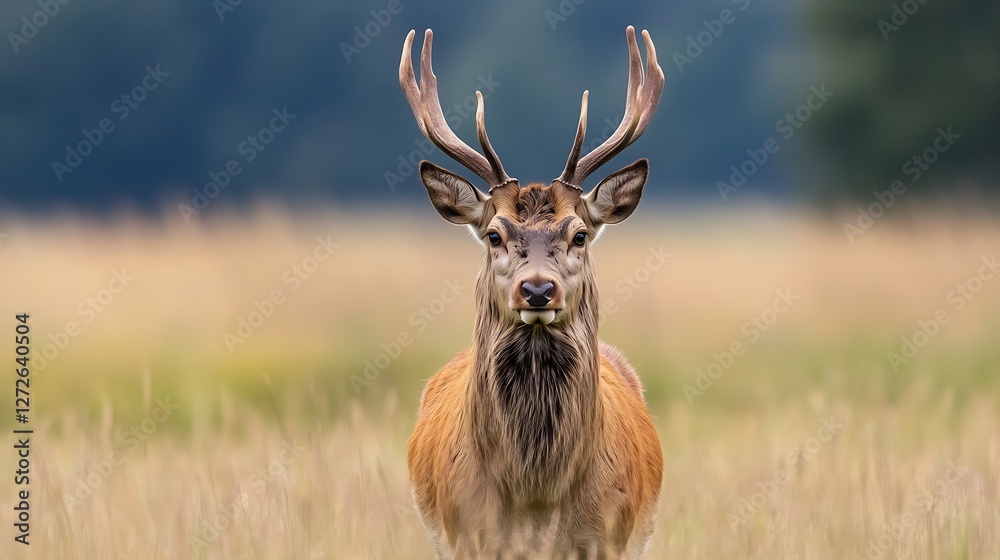 Wild Stag Standing Proudly in Tall Grass with Antlers Majestically ...