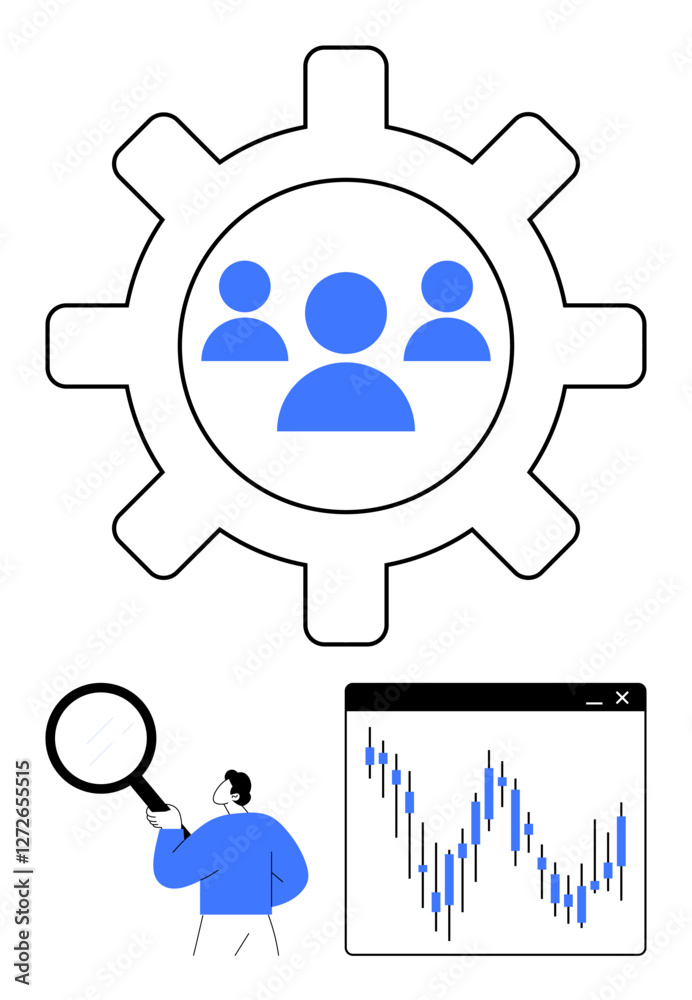 Man examining line graph chart with magnifying glass, cogwheel with ...