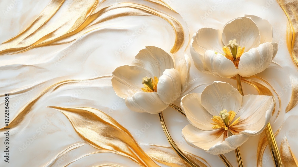 Golden leaves and buds lotus flowers a bright white background with ...