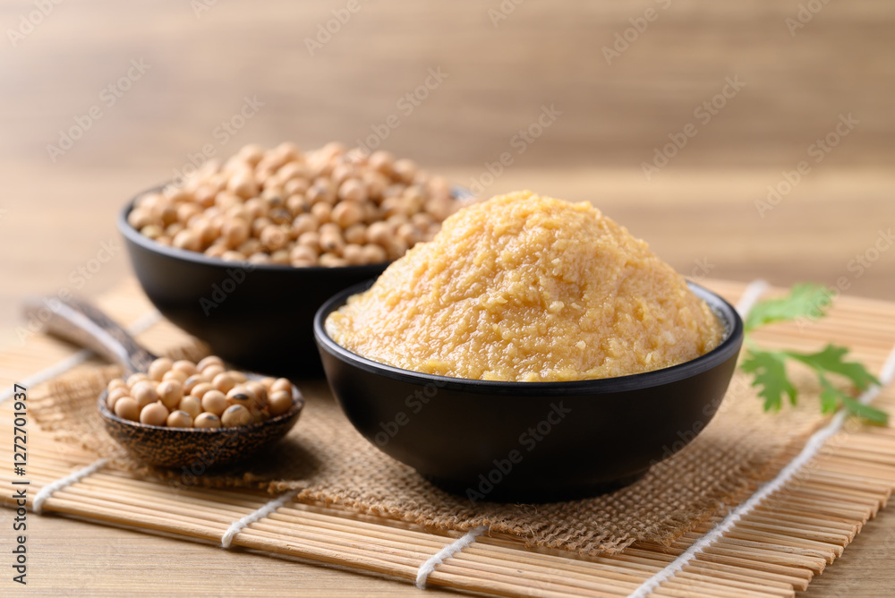 Miso paste in black bowl, Japanese seasoning made from fermenting ...