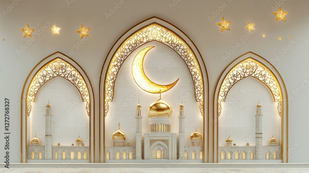 Islamic architectural design with glowing arches, crescent moon, and ...