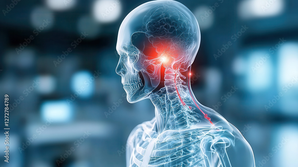 highly detailed 3D medical illustration of human skull and spine ...