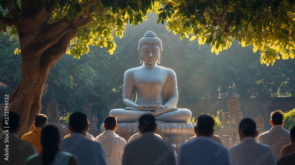 Buddha Purnima, devotees wearing white clothes praying in front of a ...