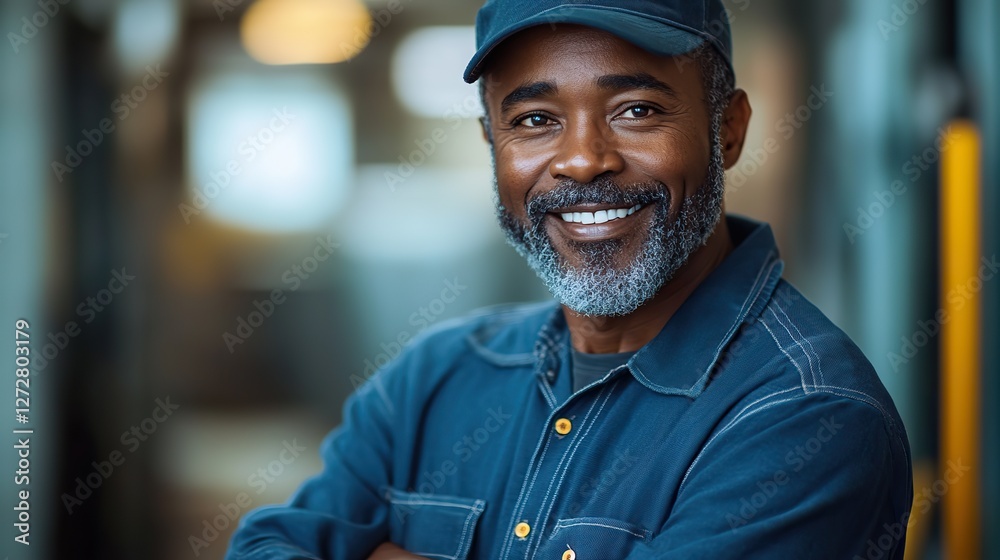 african american school janitor with a smile,a broom standing in a ...