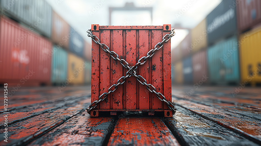 Secured shipping container at port, cargo logistics, global trade ...