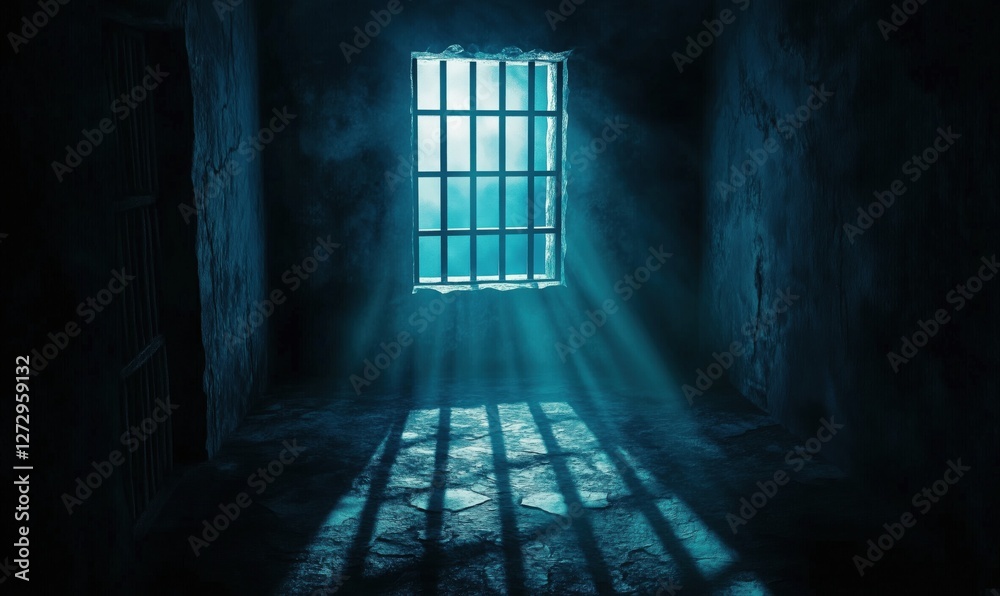 Dark prison cell with barred window casting dramatic light and shadows Stock Photo | Adobe Stock