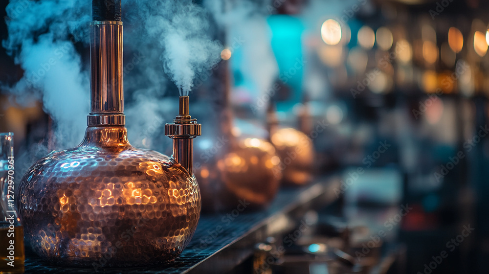 Intricate copper distillers release fragrant vapor in a bustling ...