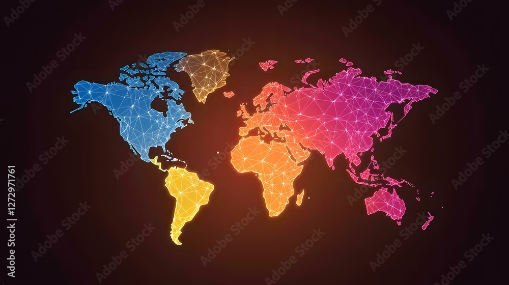 The image contains a stylized world map, represented as a network of interconnected points and ...