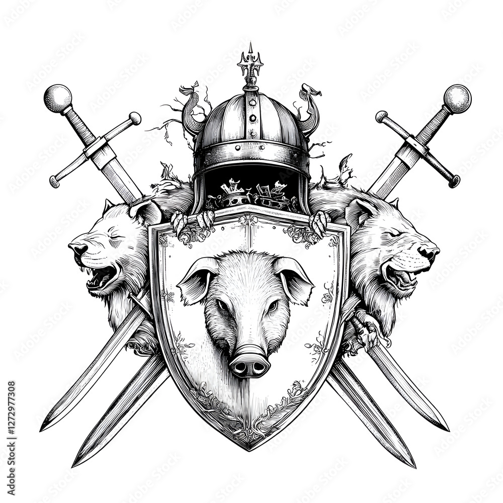 medieval coat of arms with boar, knight helmet, crossed swords ...