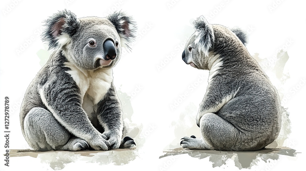 koala bear in a seated position with detailed fur texture on a ...