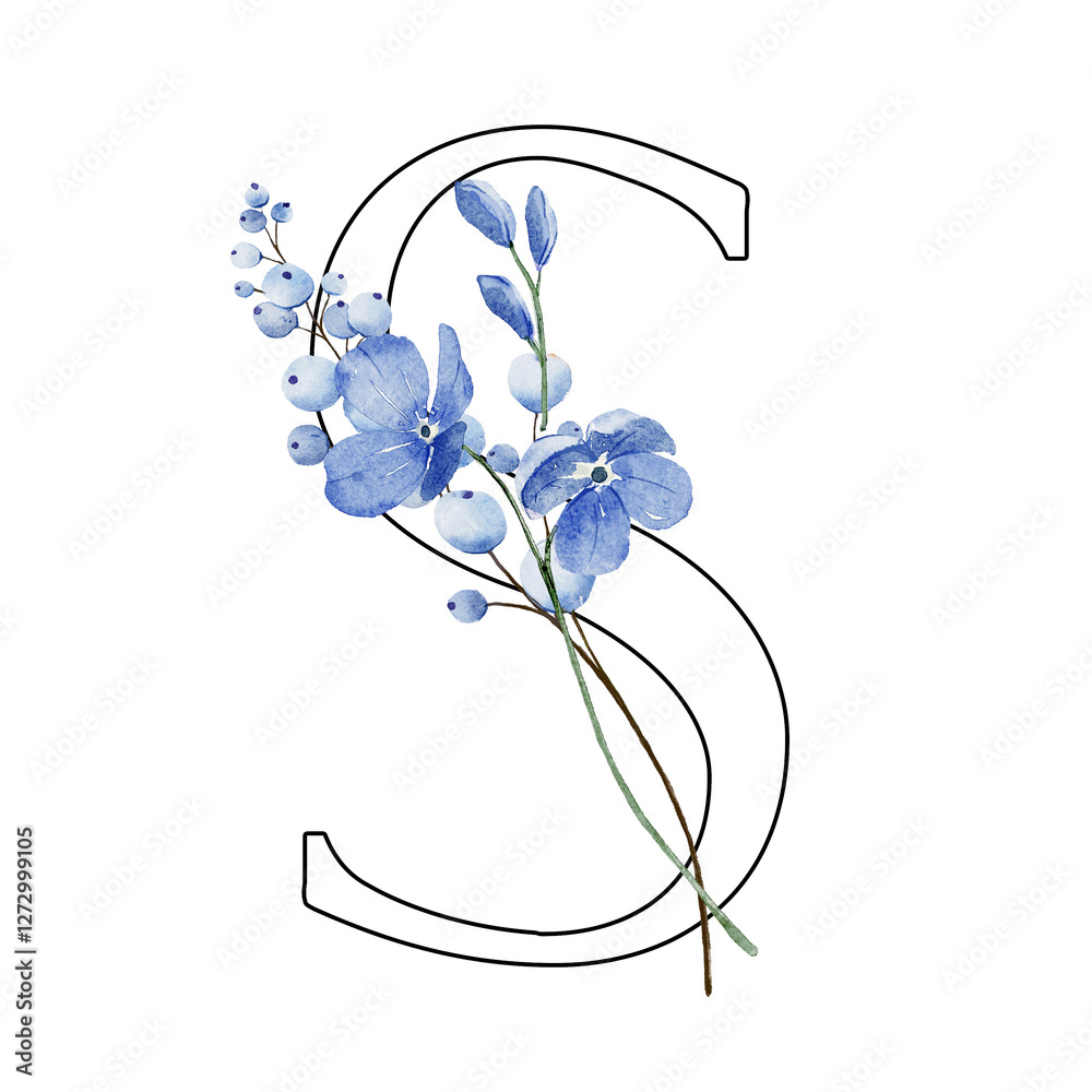 Floral monogram, letter S, alphabet with blue flowers, Initial ...