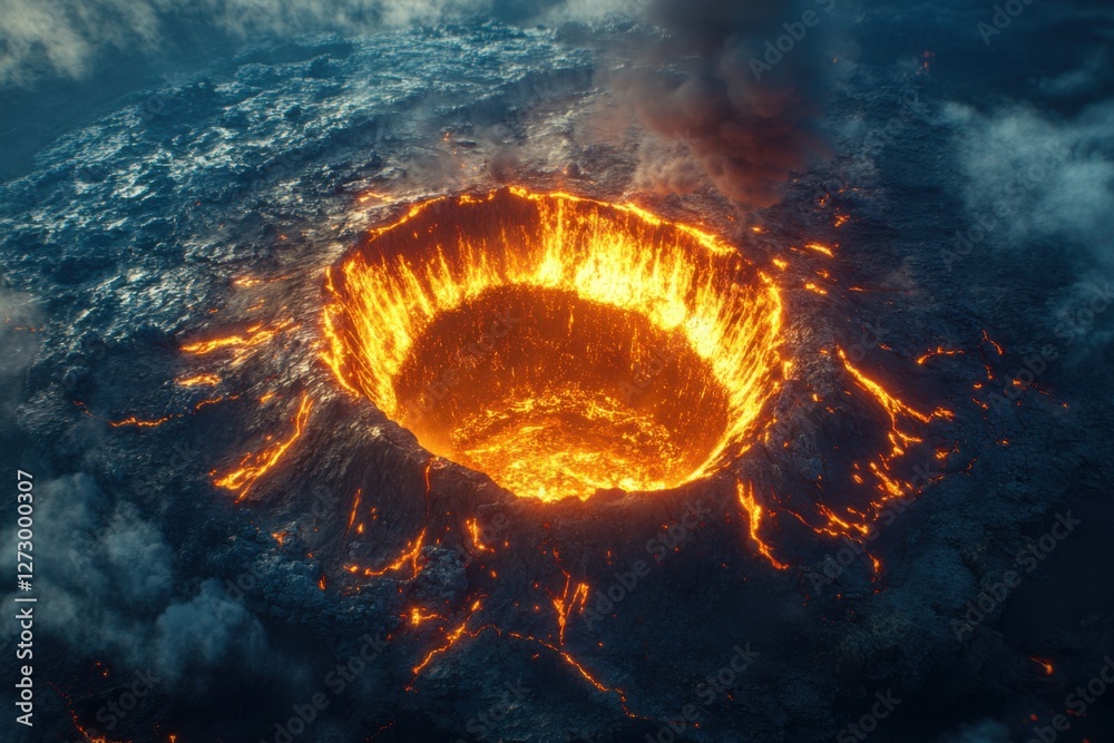 Volcanic Eruption, red-hot molten rock moving down the slope, steam and ...