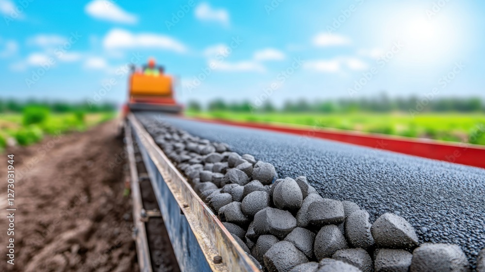 Asphalt road work planning concept. A construction vehicle lays gravel ...