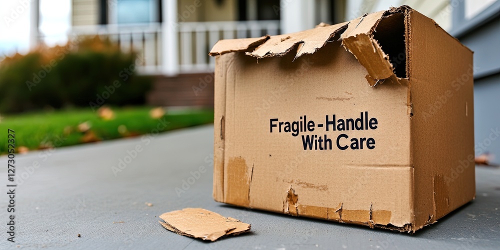 Stock-Foto „destroyed cardboard box, ripped, damaged, "Fragile-Handle ...
