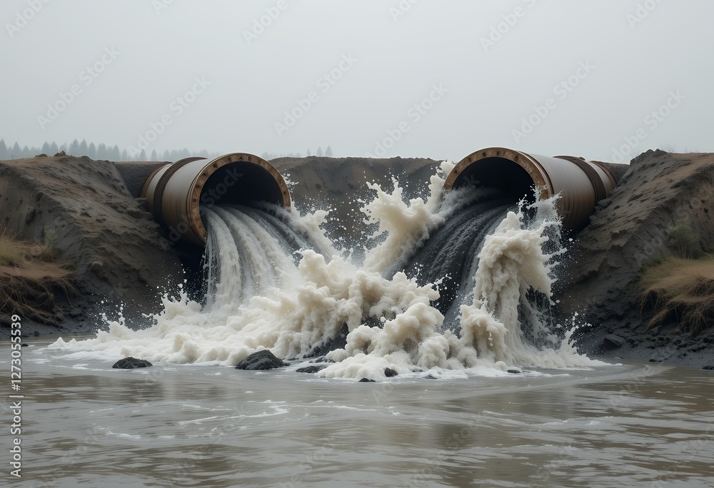 Effluent pipes discharging water into a river, highlighting water ...
