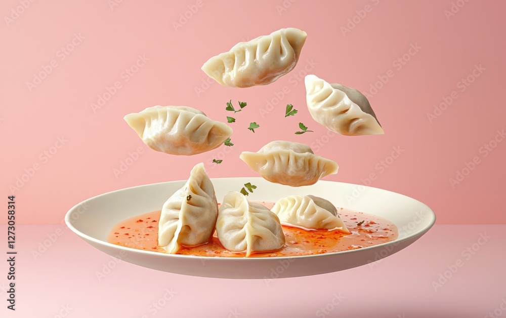 Levitating plate of Nepalese momo dumplings with spicy sauce, isolated ...