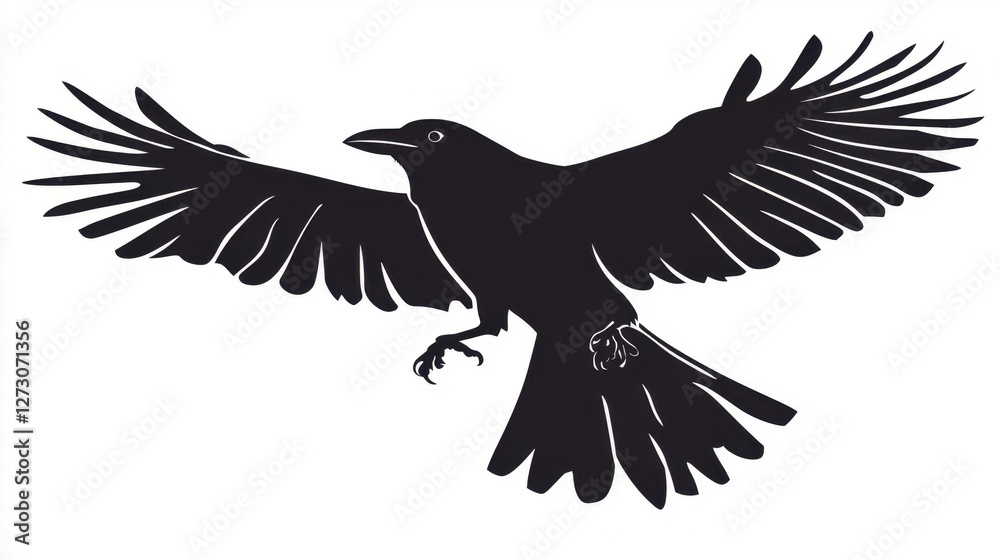 Silhouette of a crow mid-flight, dramatic pose with wings outstretched ...