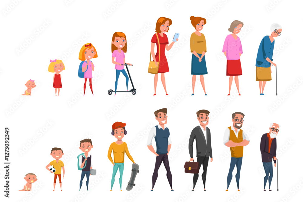 Man and woman life cycle, stages flat vector illustration. Cartoon ...