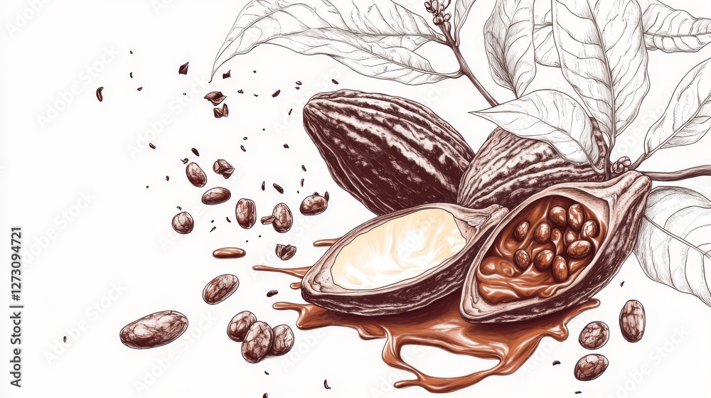 Traditional botanical study, cacao tree elements, flowering stems ...