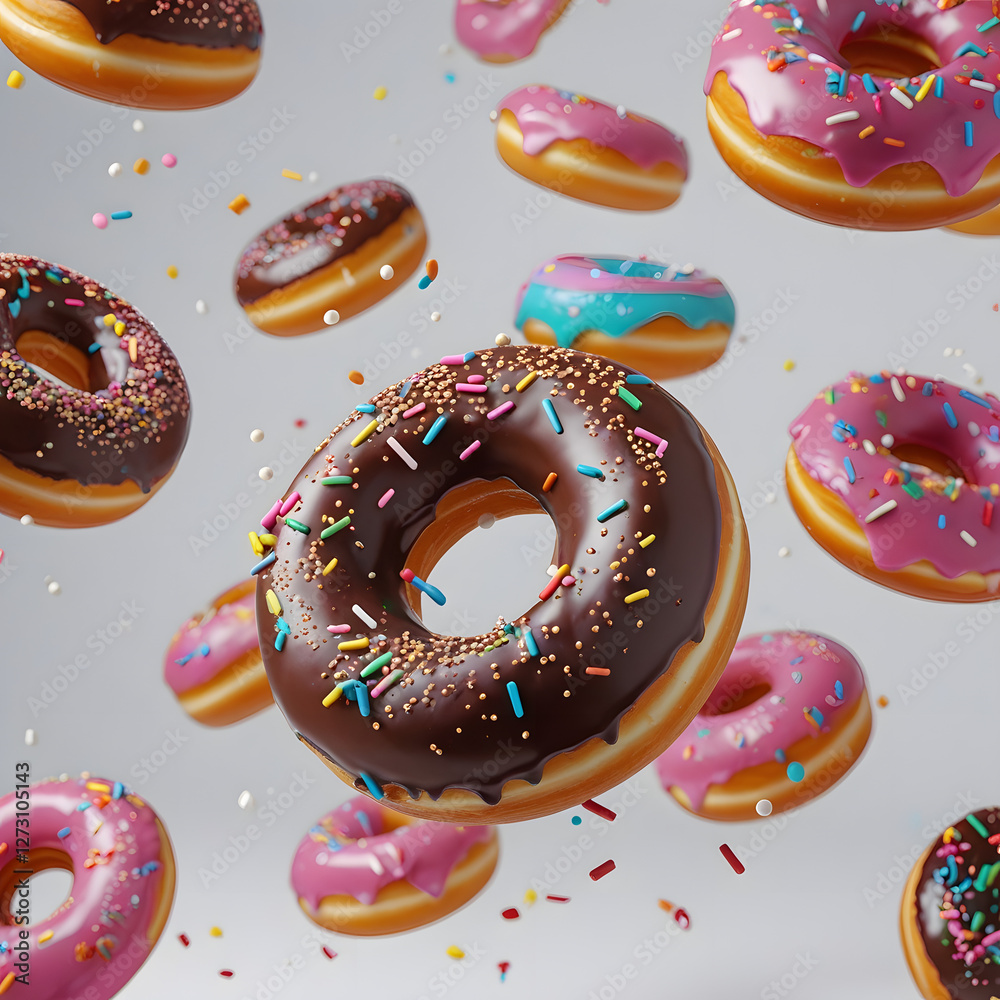Donuts with icing, crumbles, and sprinkles that fly isolated on ...