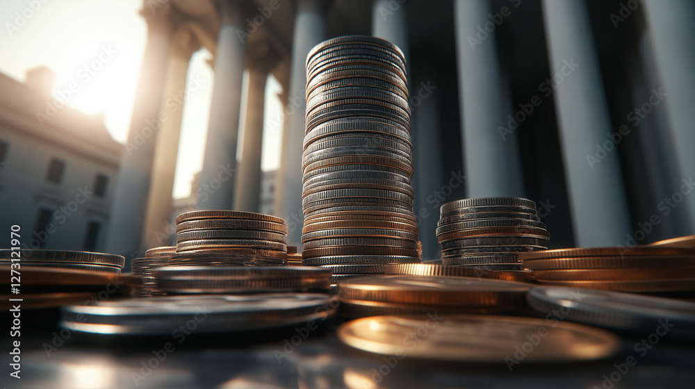 Tall stacks of various coins, some leaning, placed before a historic ...