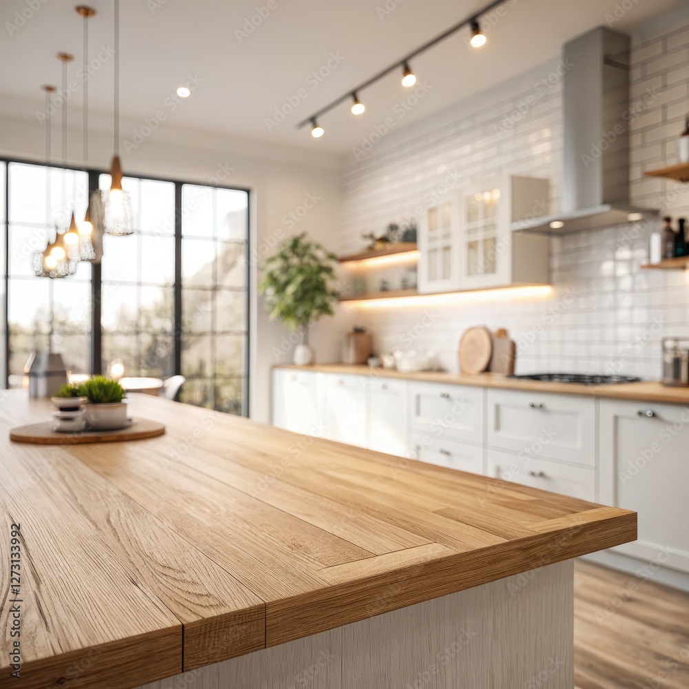 Wooden Kitchen Island Countertop Modern Farmhouse Design, 3D Render ...