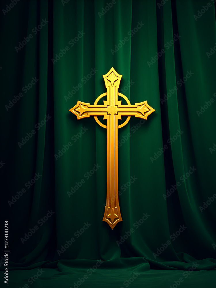 Liturgic green velvet with golden Christian Russian Orthodox Cross. 3D ...