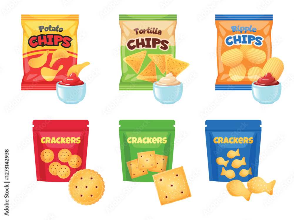 Cartoon snack packs. Bags of chips and crackers, dry appetizers for ...