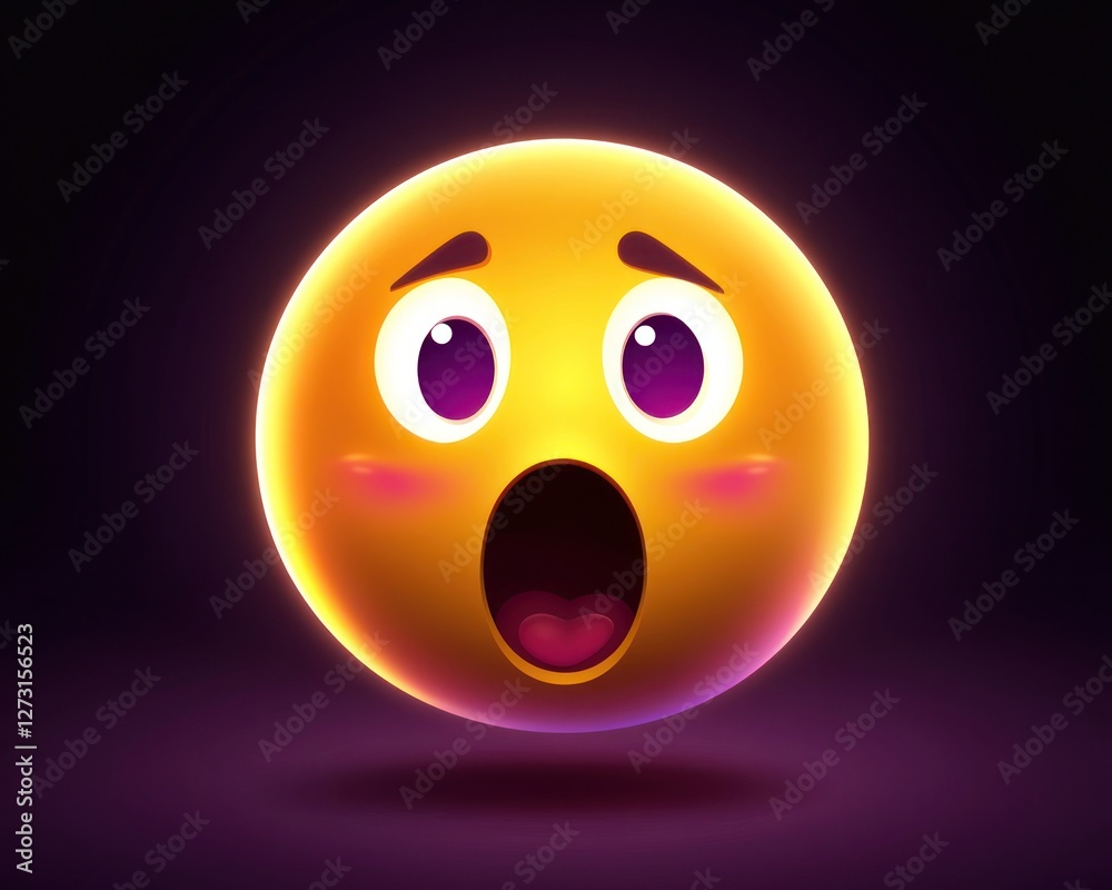 Shocked emoji with wide eyes, open mouth, and a radiant glow on a dark ...