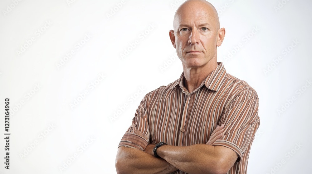 Bald man with crossed arms, serious face expression, striped shirt ...