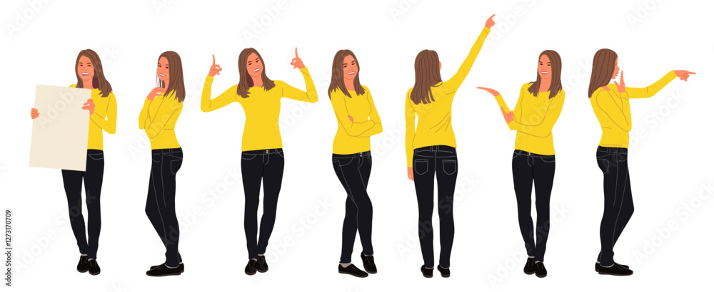 Business woman character standing in different pointing poses, front, side, back view. Pretty ...
