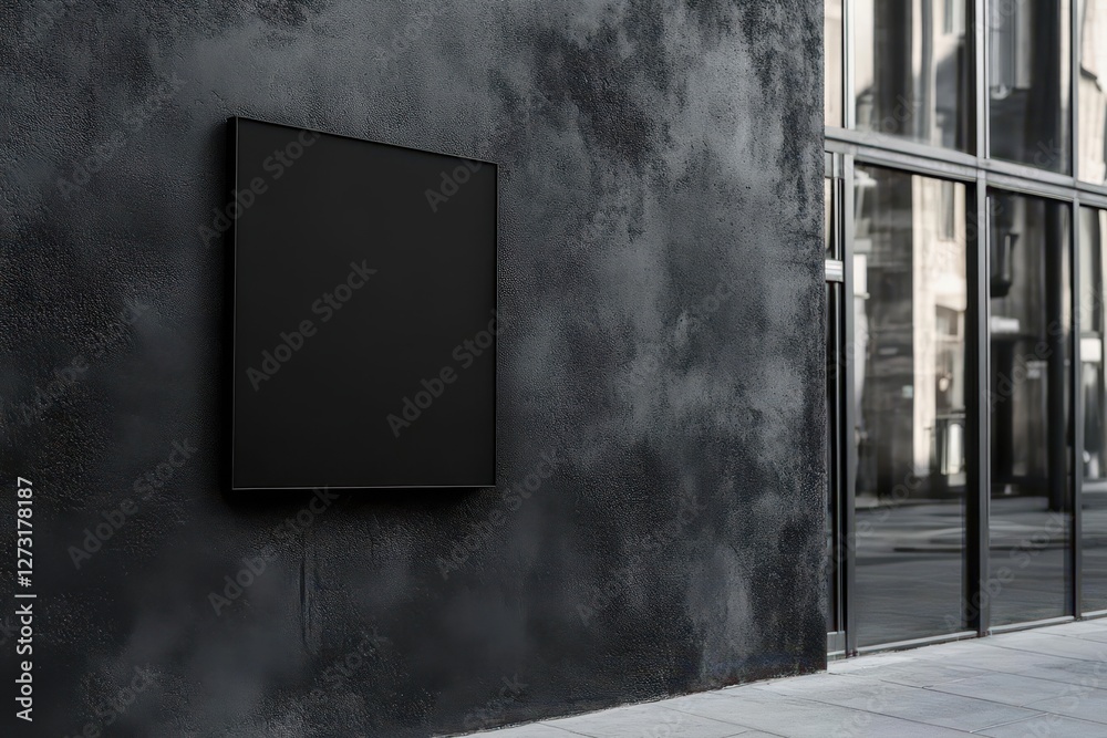 minimalist black square signage mockup on textured exterior wall ...