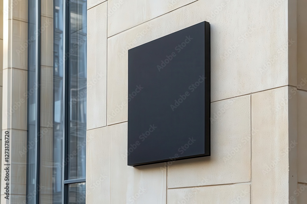 minimalist black square signage mockup on textured exterior wall ...