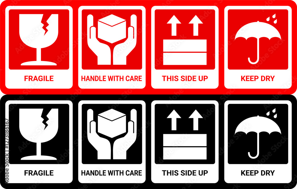 sticker fragile handle with care, red fragile warning label with broken glass symbol, this side ...