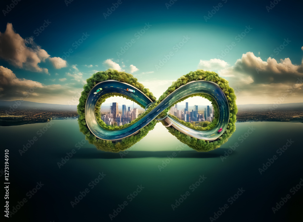 Green infinity symbol road frames city under sky and water background ...