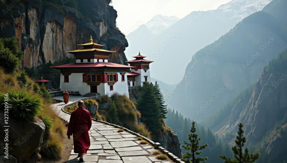 Buddhist monk walking along path towards cliffside monastery in ...