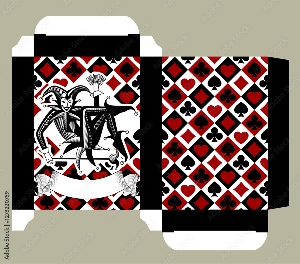Playing cards tuck box template with Joker and ribbon banner in vintage ...