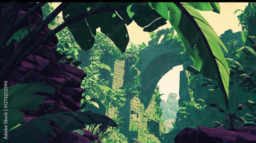 Ancient ruins overgrown with dense jungle vegetation stand as a reminder of a lost civilization ...