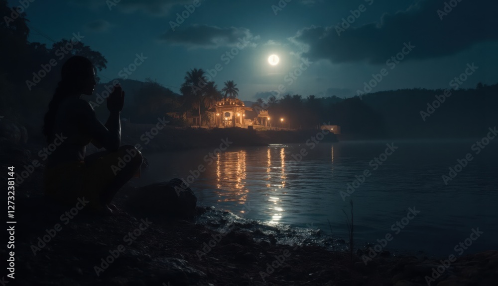 A devotee sits in deep prayer on the riverbank under the full moon ...