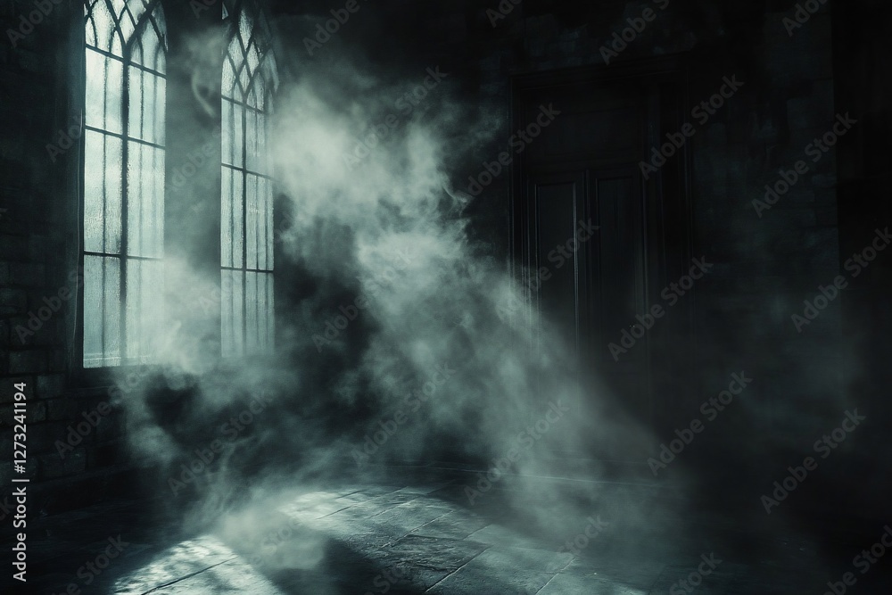 Mysterious, smoke-filled gothic room with light streaming through ...