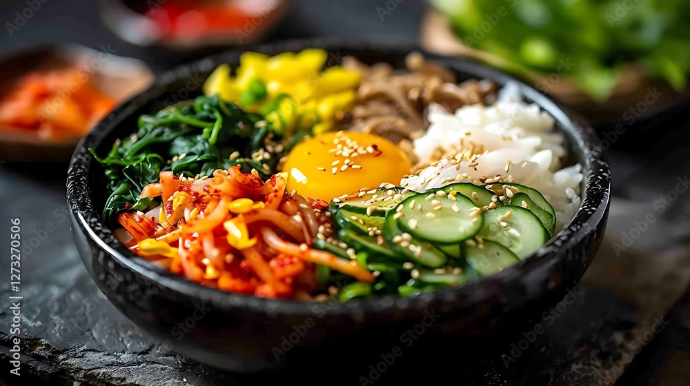 Traditional Korean bibimbap with colorful toppings, no shadows The ...