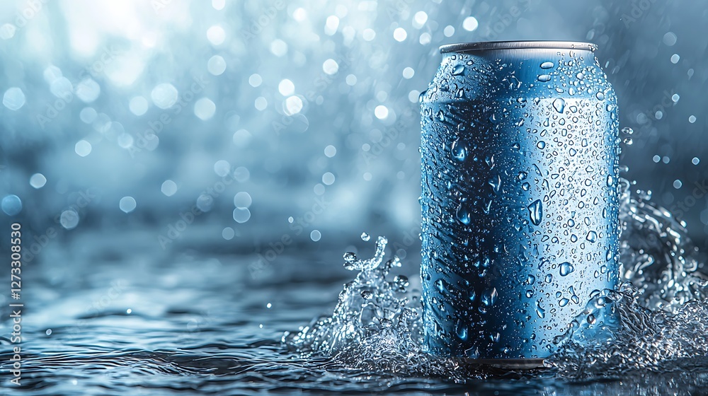 Blue soda can with condensation and water splashes on surface, blurred ...
