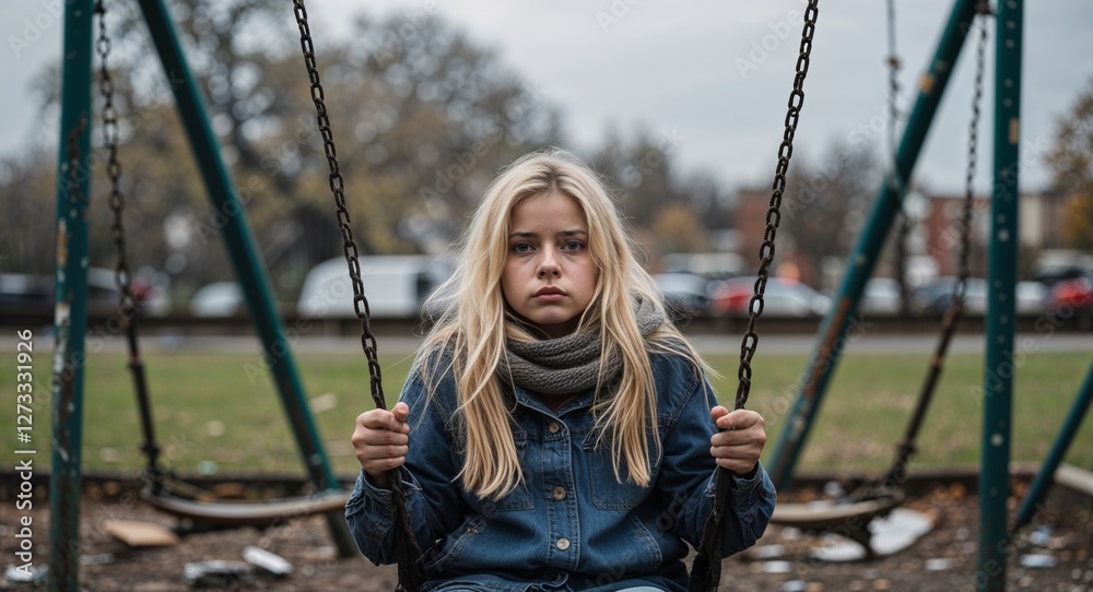Homeless young blonde girl in a broken down park swing background ...
