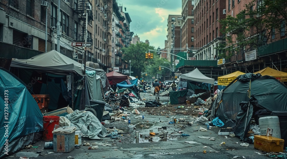 gritty urban scene showing a homeless encampment with makeshift tents ...